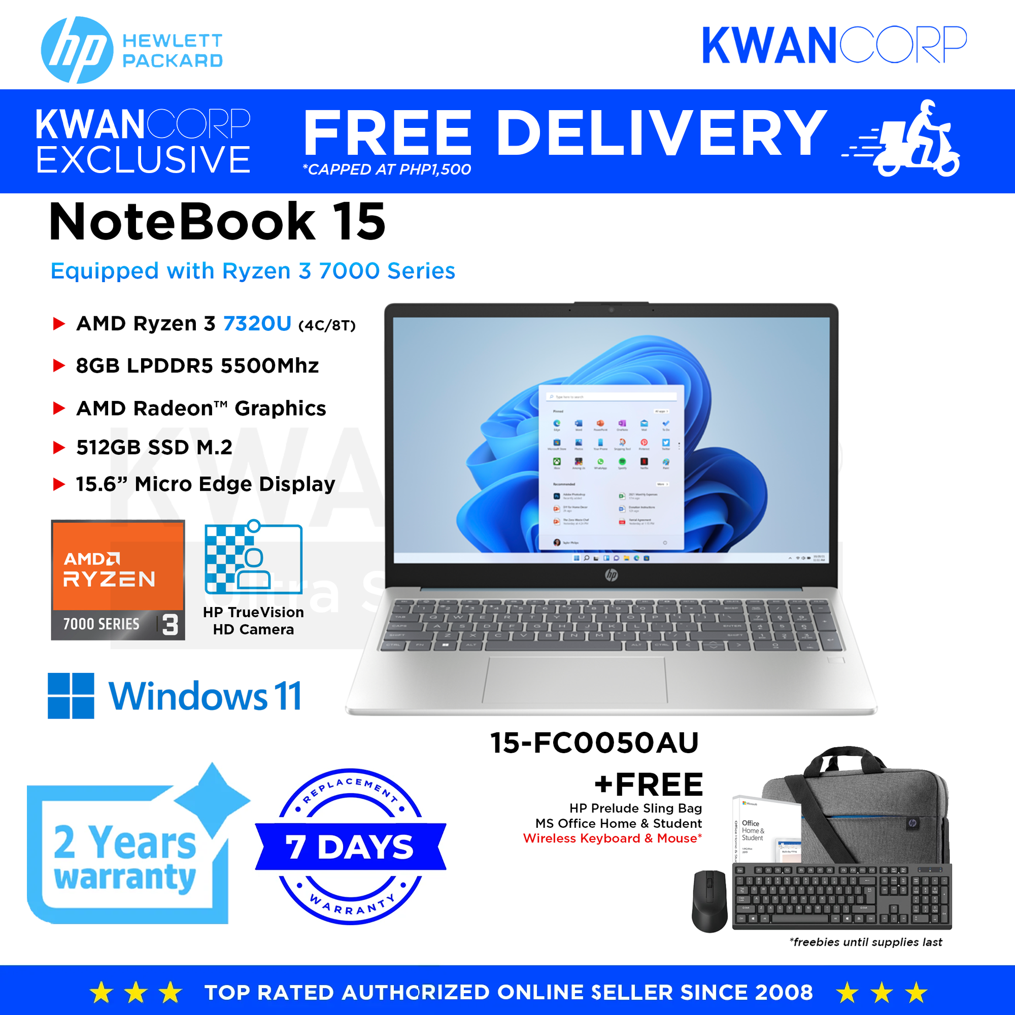 HP Notebook 15-FC0050AU AMD Ryzen 3 7320U 8GB RAM AMD Radeon™ Graphics