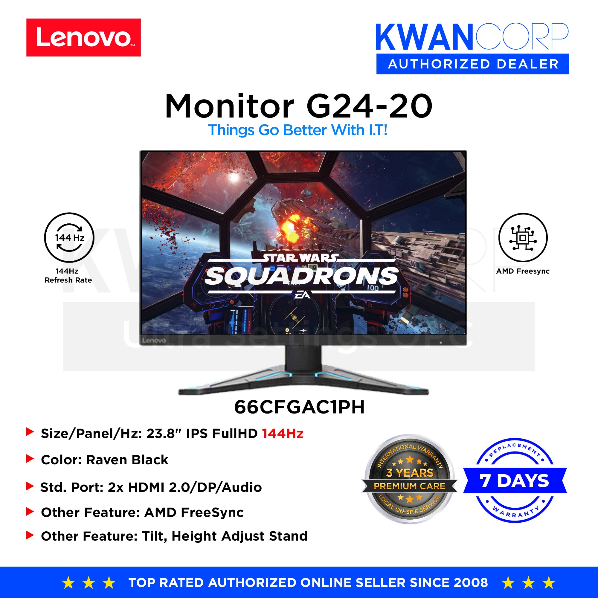 Lenovo Monitor G24-20. 66CFGAC1PH 23.8IN FHD IPS 144HZ FREESYNC HDMI M