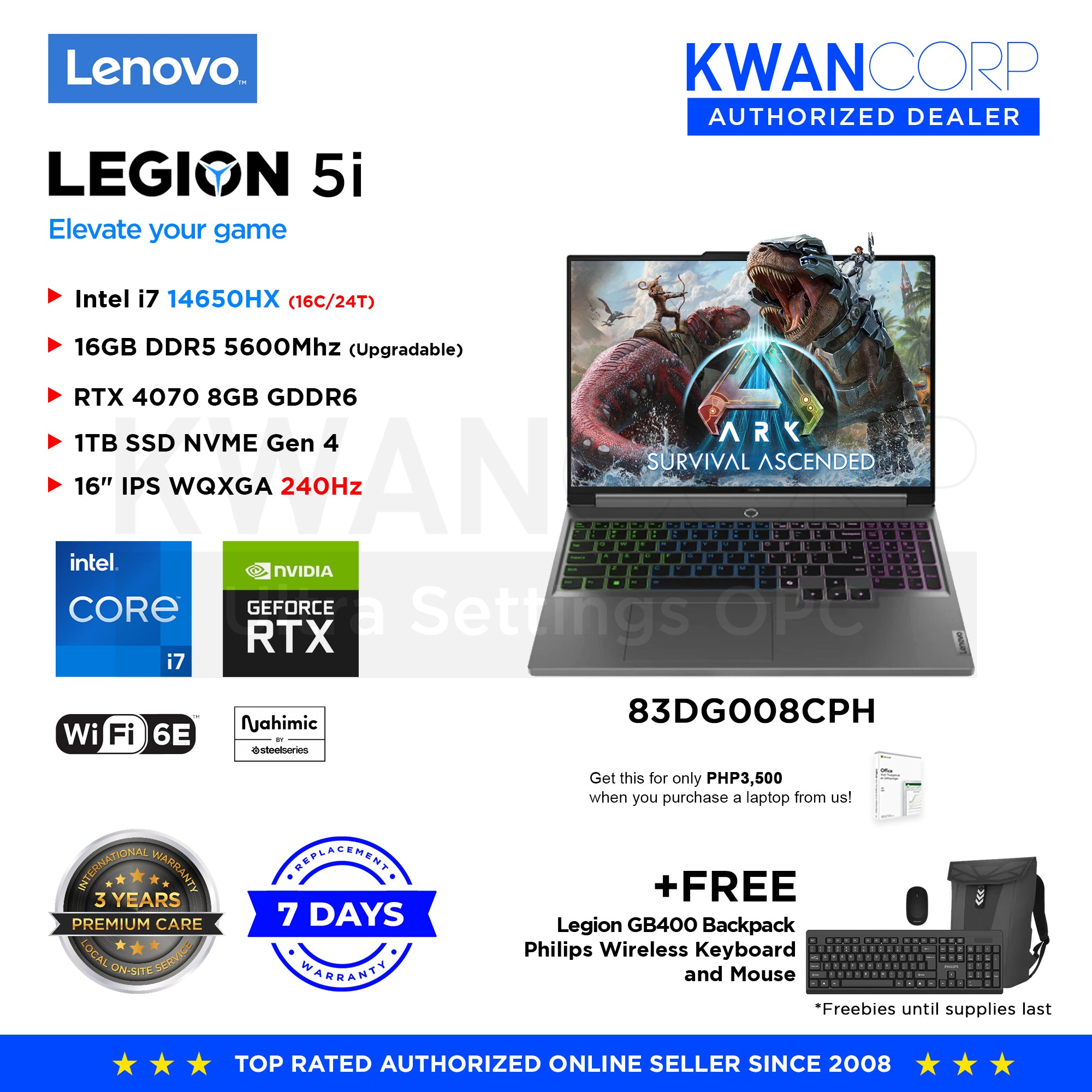 Lenovo Legion 5i. 83DG008CPH Intel i7 14650HX 16GB RAM RTX 4070 8GB 1T