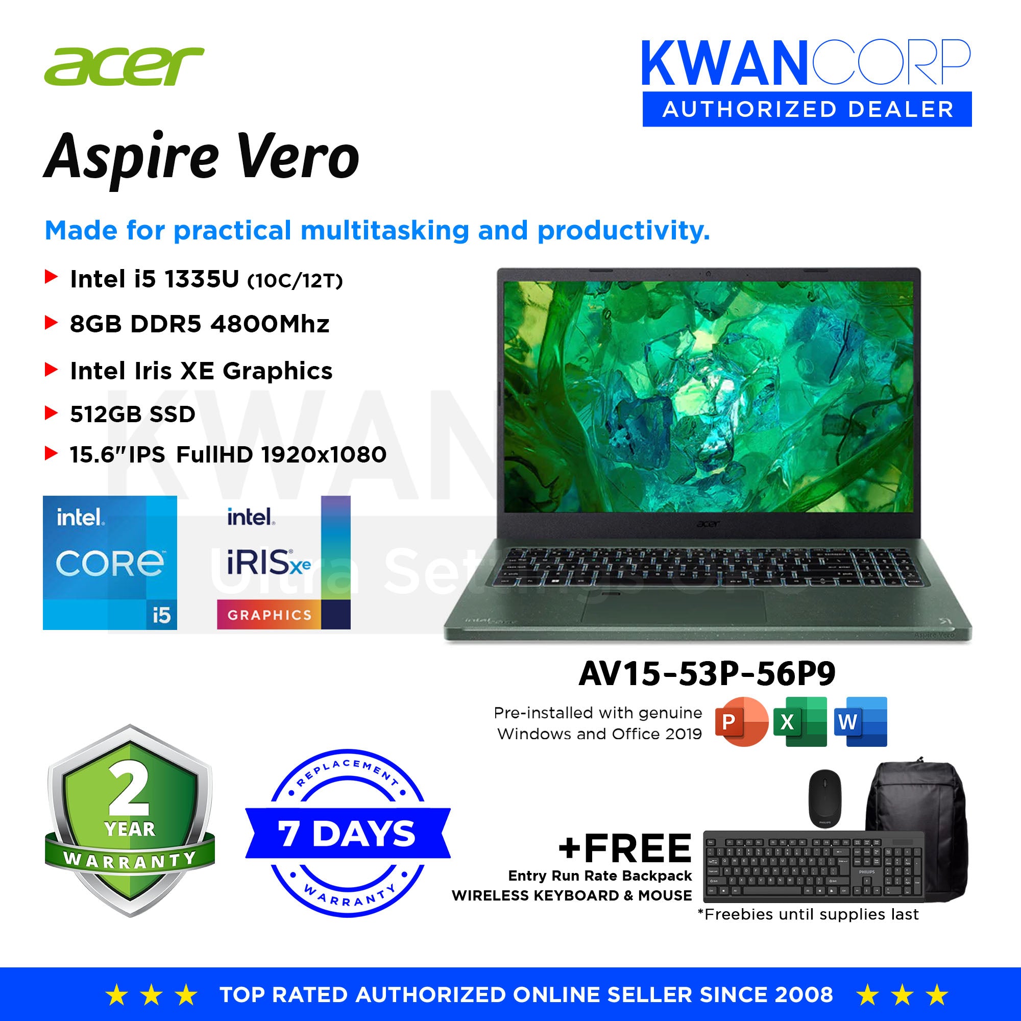 Acer Aspire Vero AV15-53P-56P9 Intel i5 1335U 8GB RAM Intel Iris XE Gr