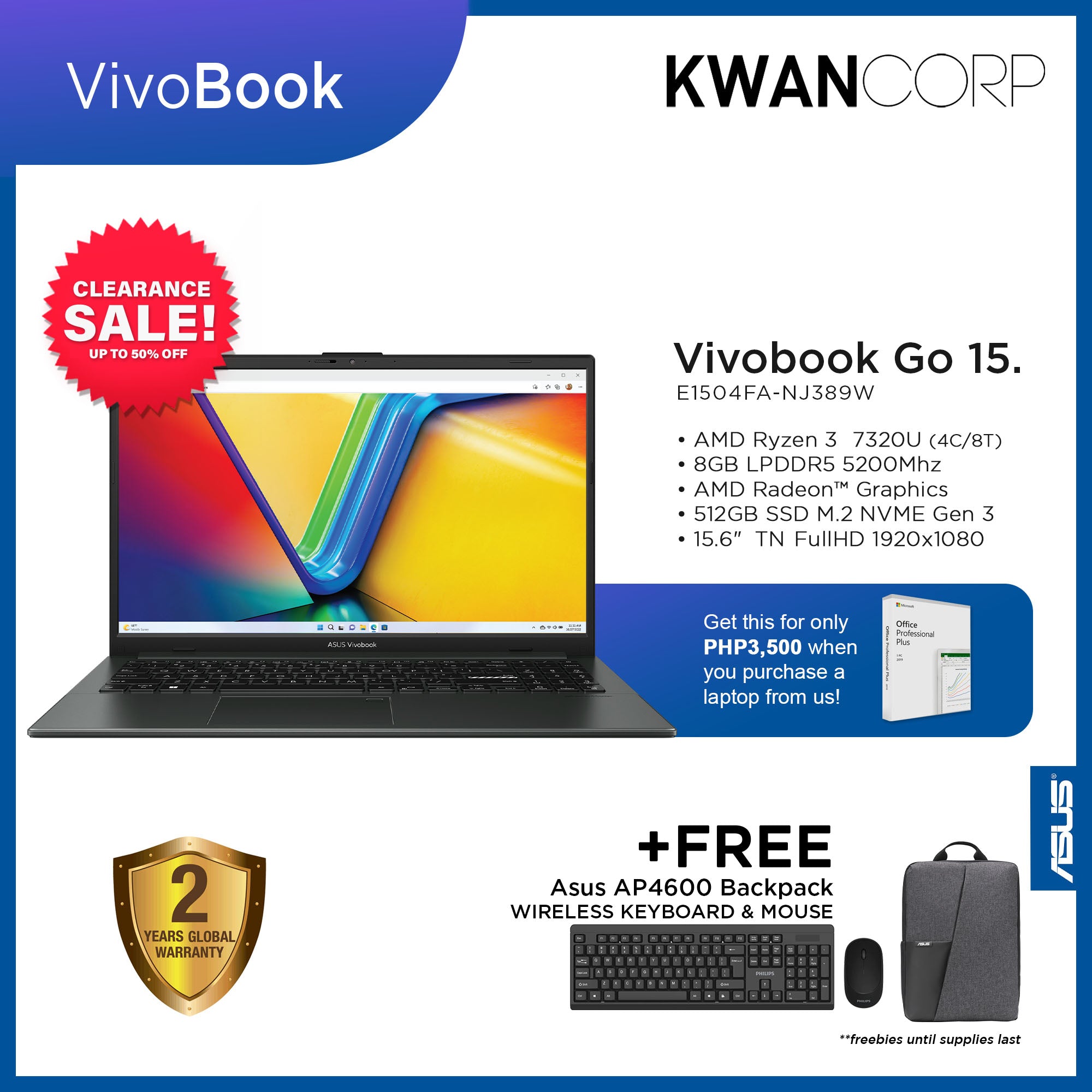 Asus Vivobook Go 15 E1504FA-NJ389W AMD Ryzen 3 7320U 8GB RAM AMD Radeo