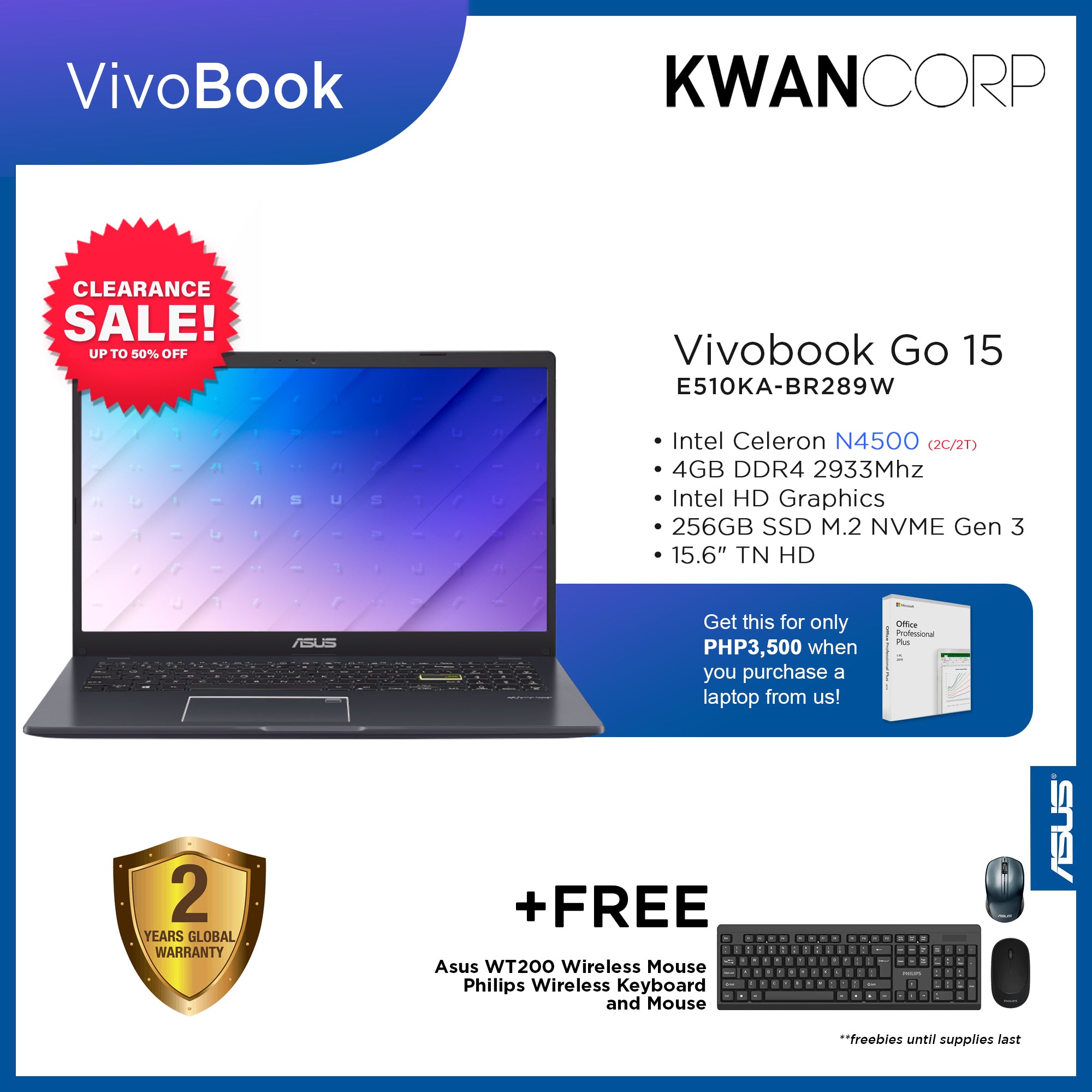 Asus Vivobook Go 15 E510KA-BR289W Intel Celeron N4500 4GB RAM Intel HD