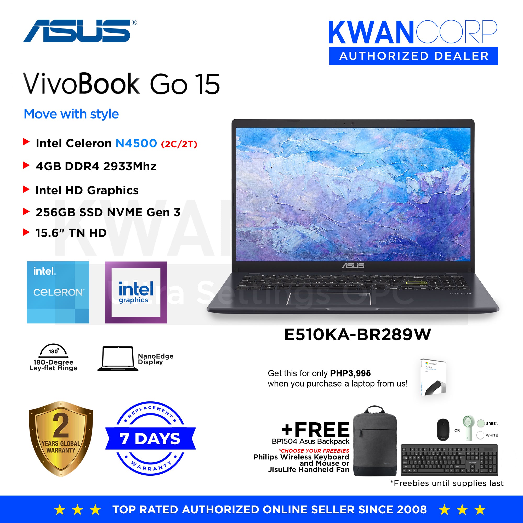 Asus Vivobook Go 15 E510KA-BR289W Intel Celeron N4500 4GB RAM Intel HD