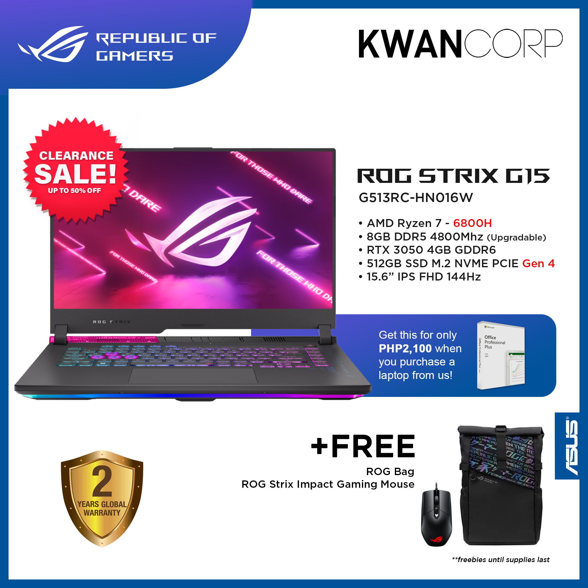 ASUS ROG Strix G15 G513RC-HN016W AMD Ryzen 7 6800H 8GB RAM RTX3050 4GB