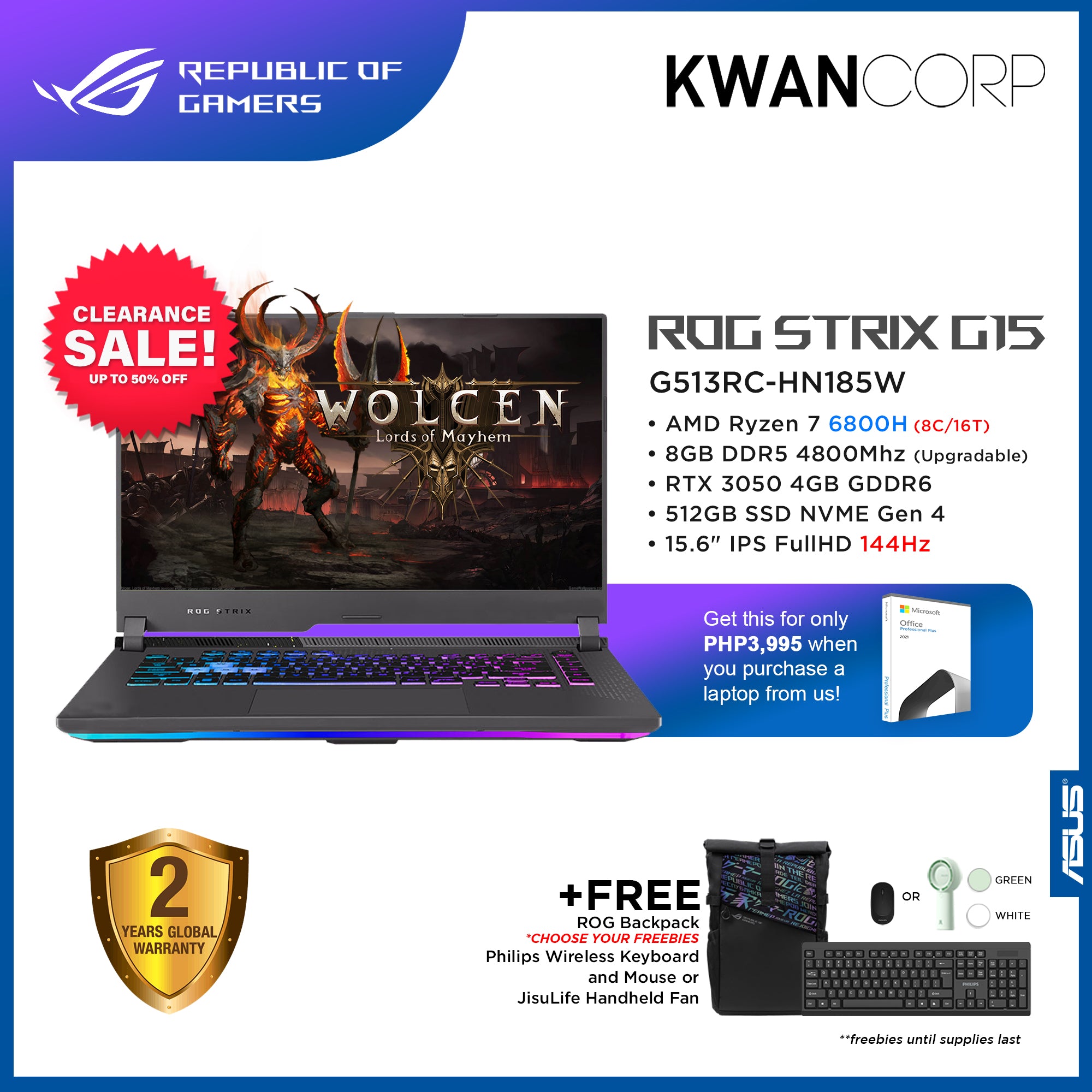 Asus ROG Strix G15 G513RC-HN185W AMD Ryzen 7 6800H 8GB RAM RTX3050 4GB