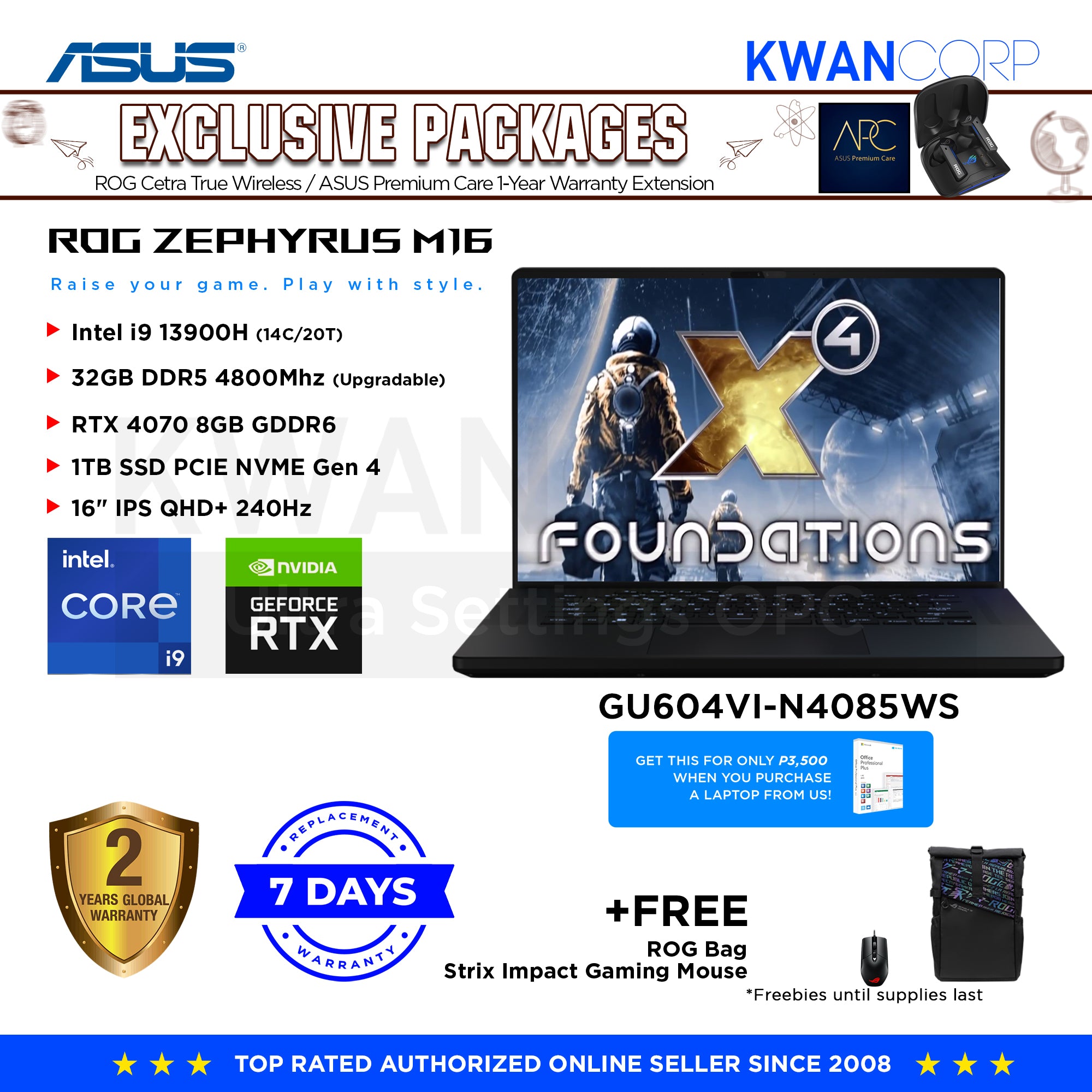 Asus ROG Zephyrus M16 GU604VI-N4085WS Intel i9 13900H 32GB RAM RTX4070