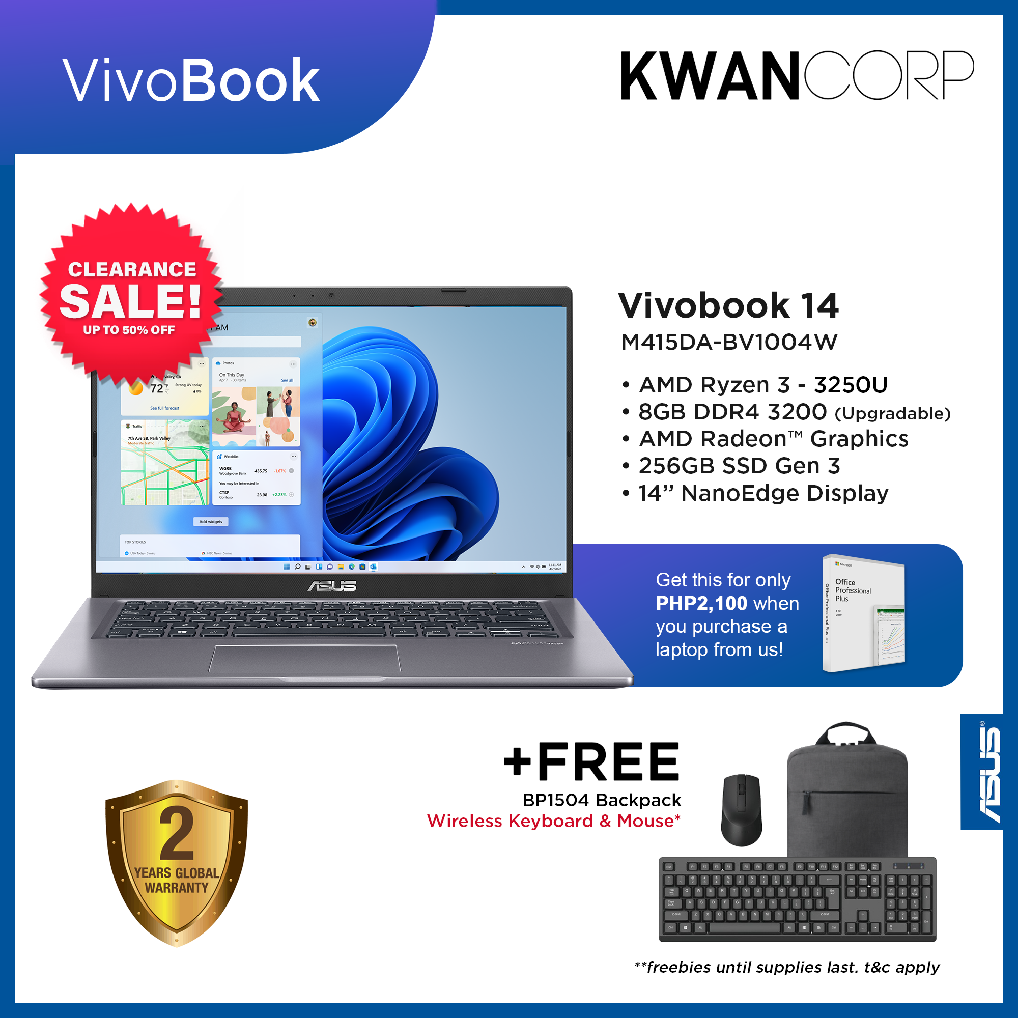 Asus Vivobook 14 M415DA-BV1004W AMD Ryzen 3 3250U 8GB RAM AMD Radeon™
