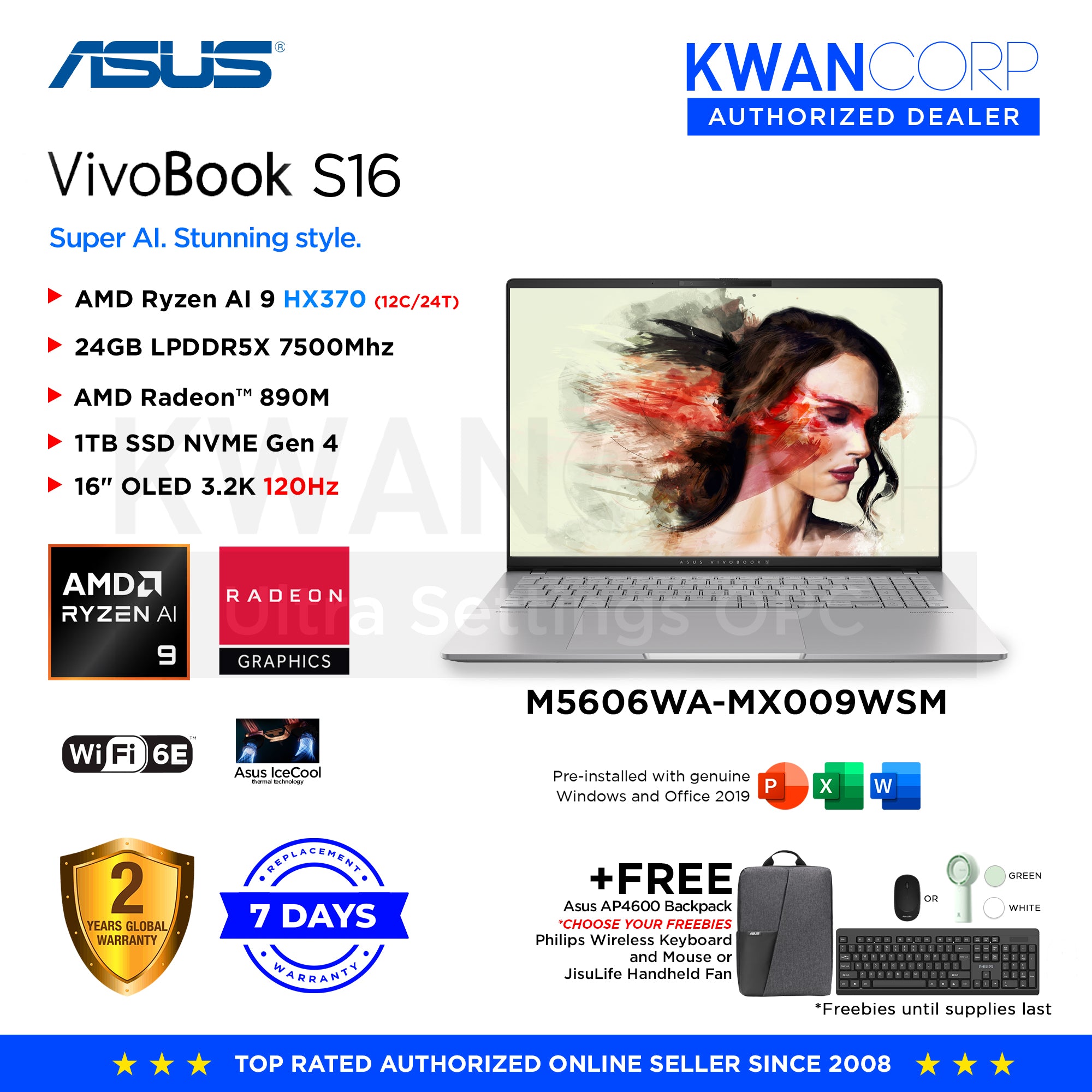 Asus Vivobook S16. M5606WA-MX009WSM AMD Ryzen AI 9 HX370 24GB RAM AMD