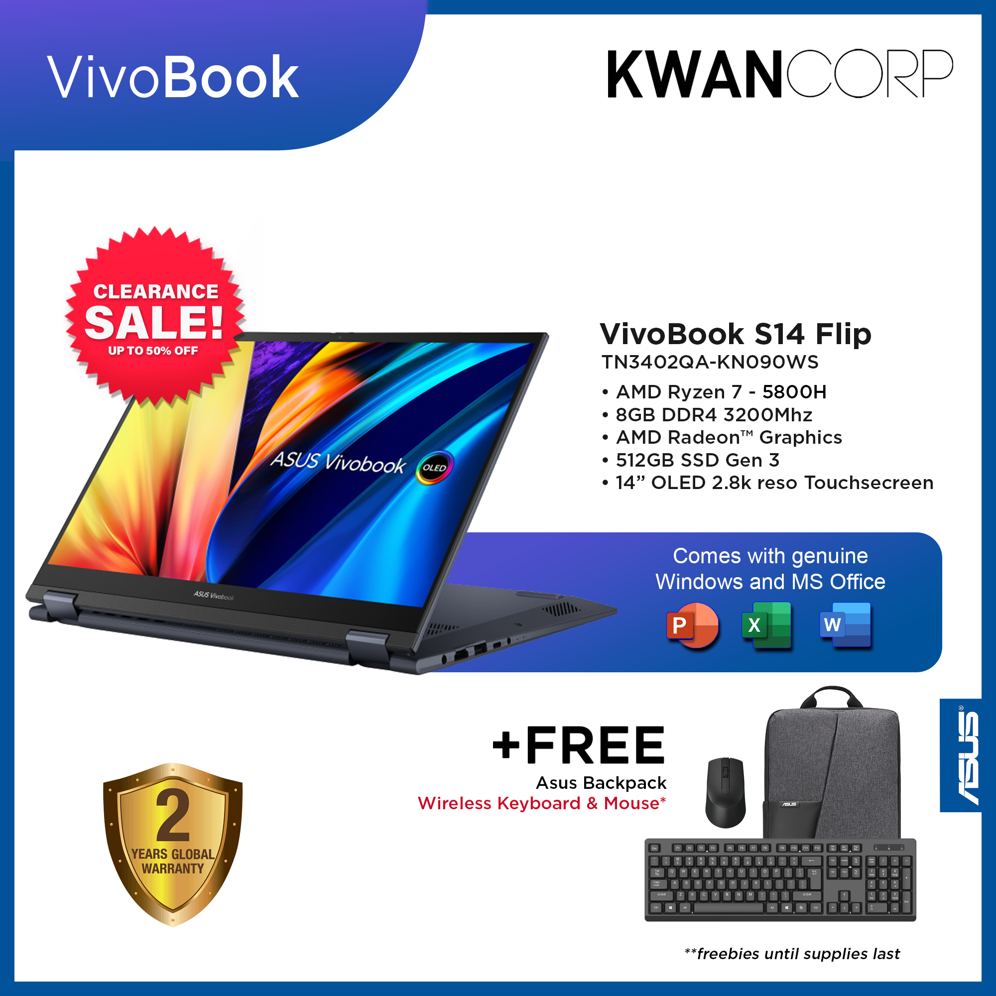 ASUS Vivobook S14 Flip TN3402QA-KN090WS AMD Ryzen 7 5800H 8GB RAM AMD