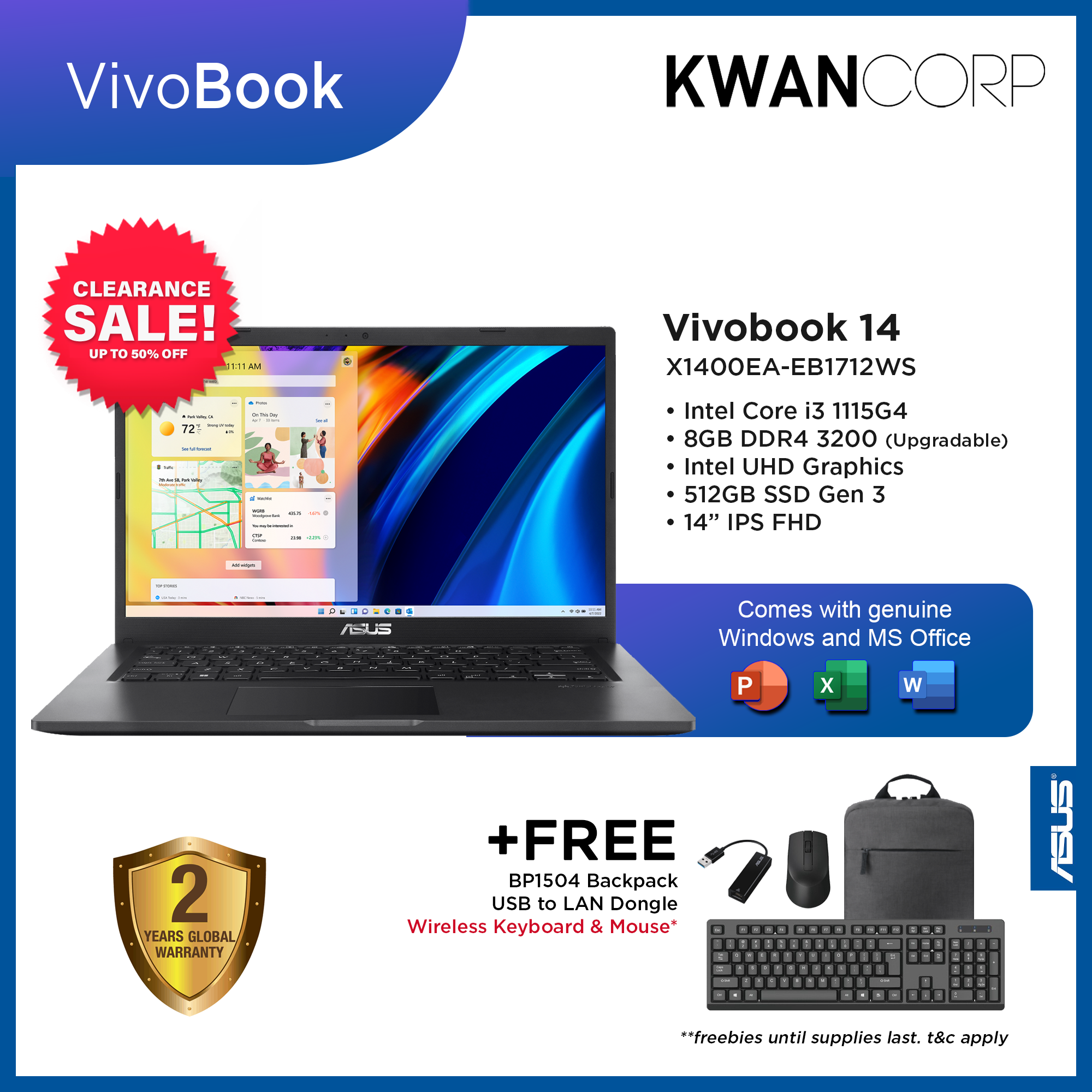 Asus Vivobook 14 X1400EA-EB1712WS Intel i3 1115G4 8GB RAM Intel UHD Gr