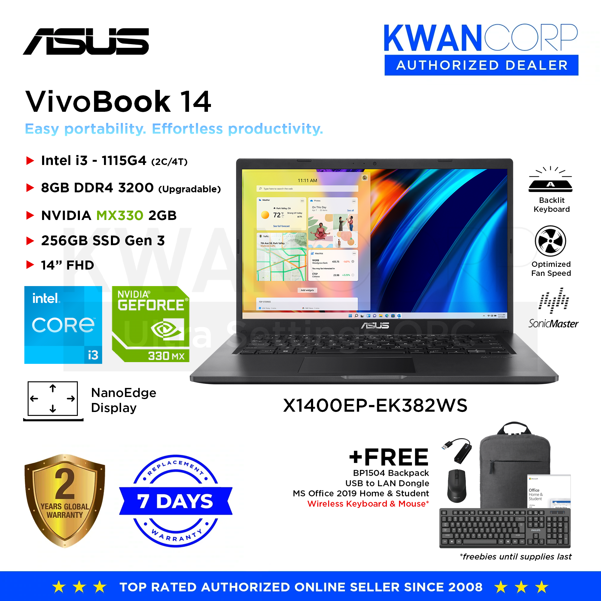 Asus Vivobook 14 X1400EP-EK382WS Intel i3 1115G4 8GB RAM MX330 2GB 256