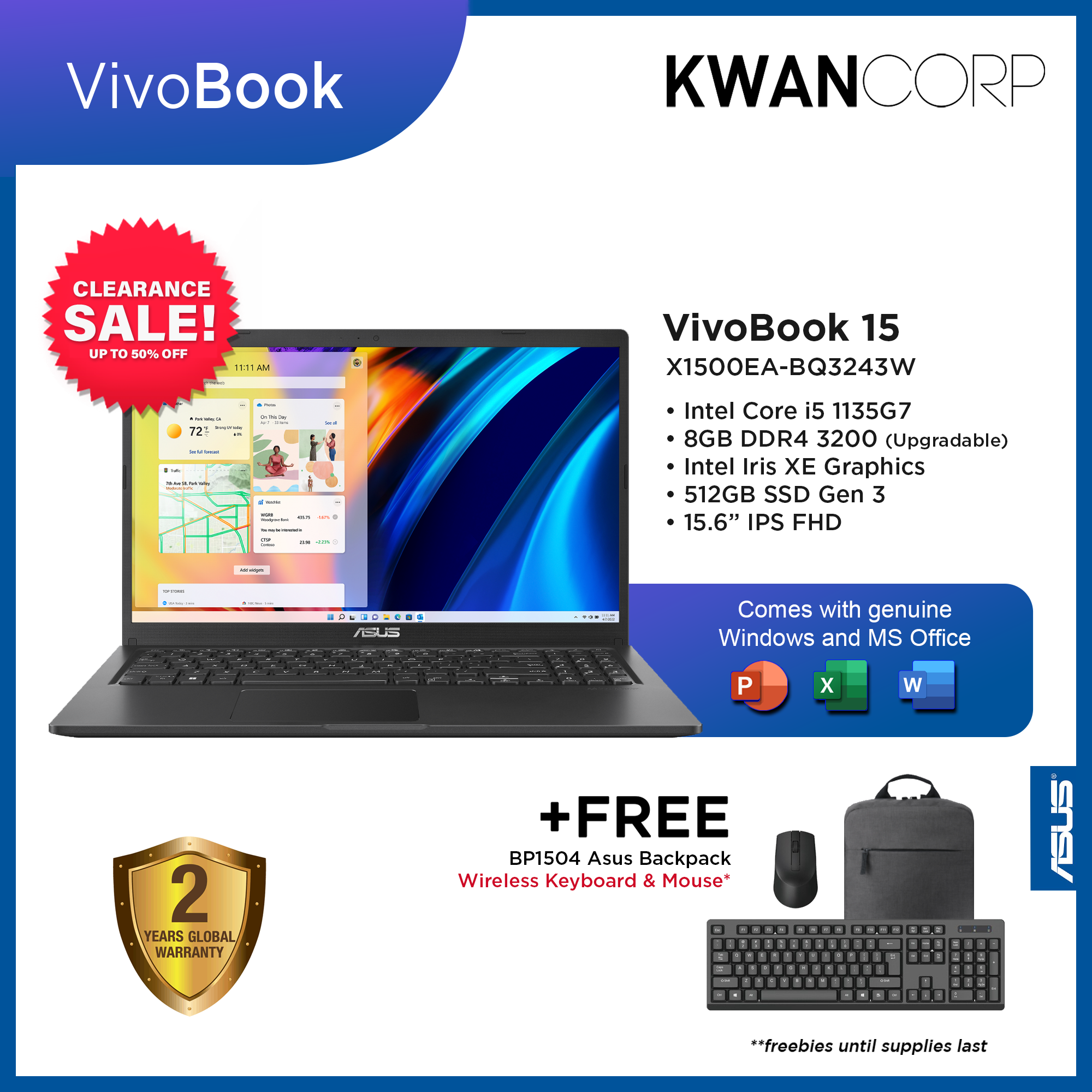 Asus Vivobook 15 X1500EA-BQ3243WS Intel i5 1135G7 8GB RAM Intel Iris X