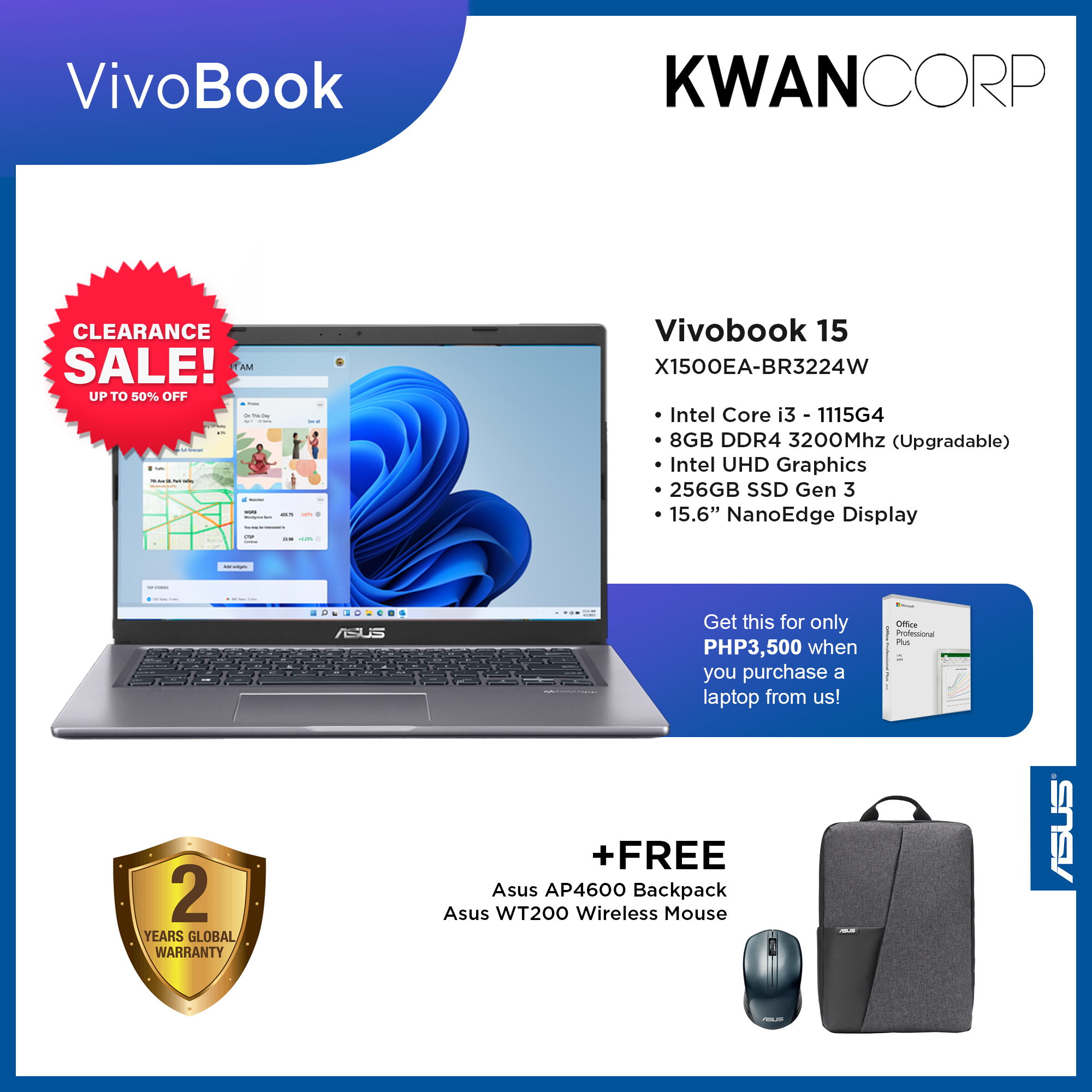 Asus Vivobook 15 X1500EA-BR3224W Intel i3 1115G4 8GB RAM Intel UHD Gra