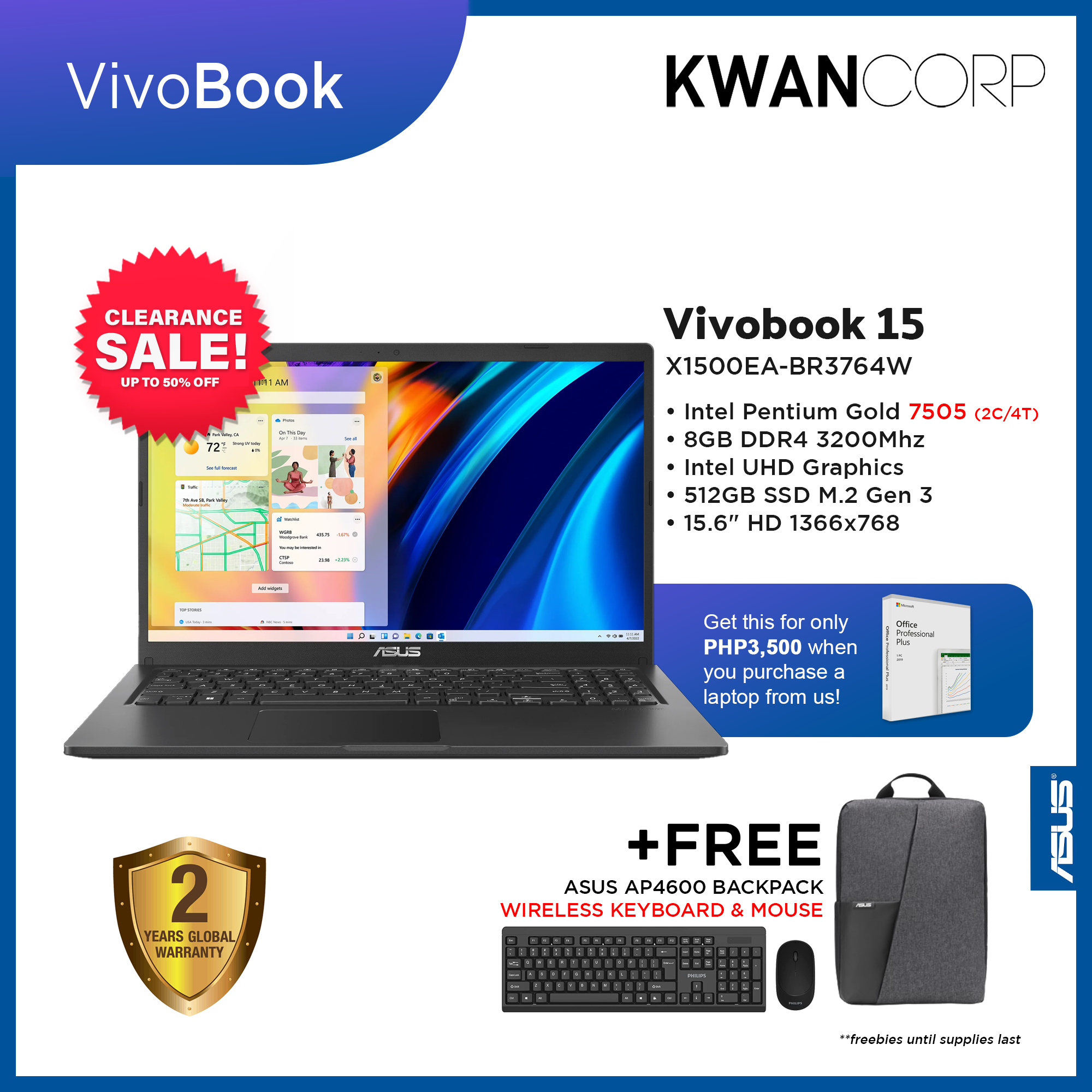 Asus Vivobook 15. X1500EA-BR3764W Intel Pentium Gold - 7505 8GB RAM In