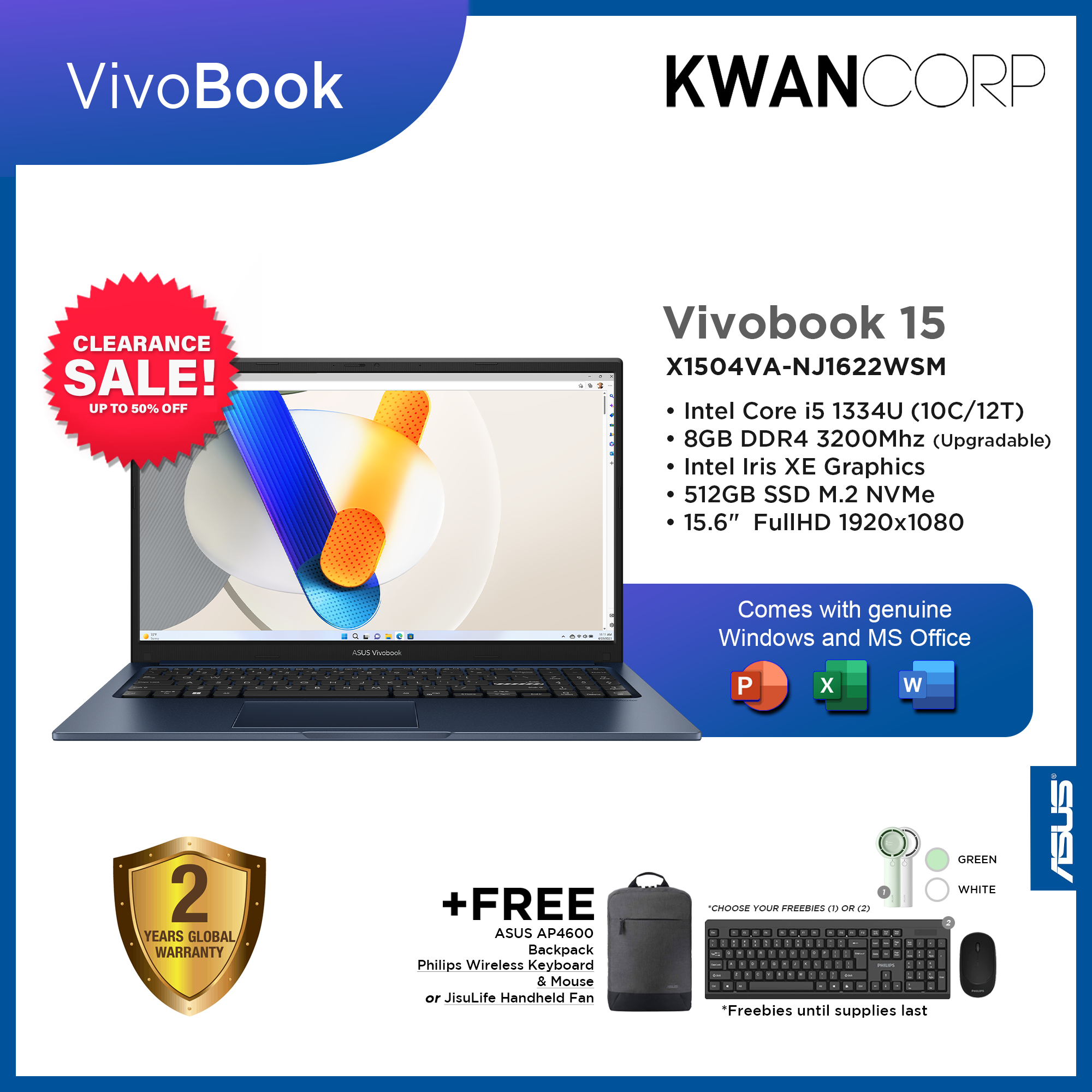 Asus Vivobook 15. X1504VA-NJ1622WSM Intel i5 1334U 8GB RAM Intel UHD G
